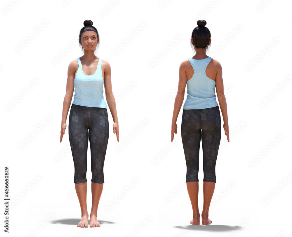 Back and Front Poses of a 3D Woman in Yoga Mountain Pose on white Stock ...