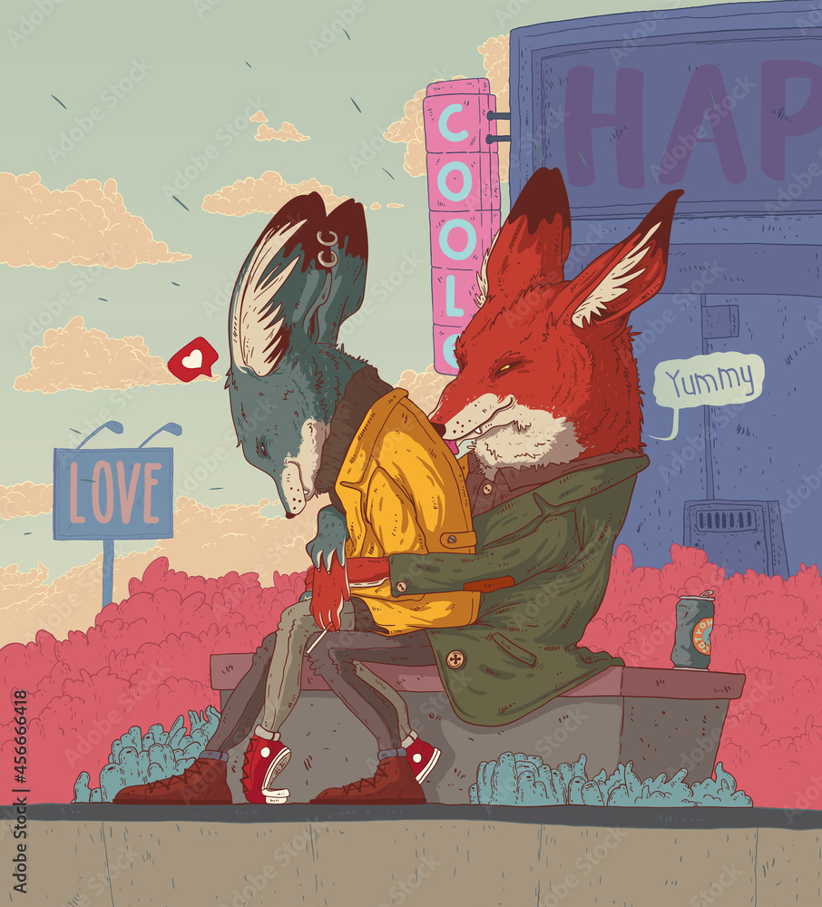 Love in the City, vector illustration. Lovely hugging hipster couple ...