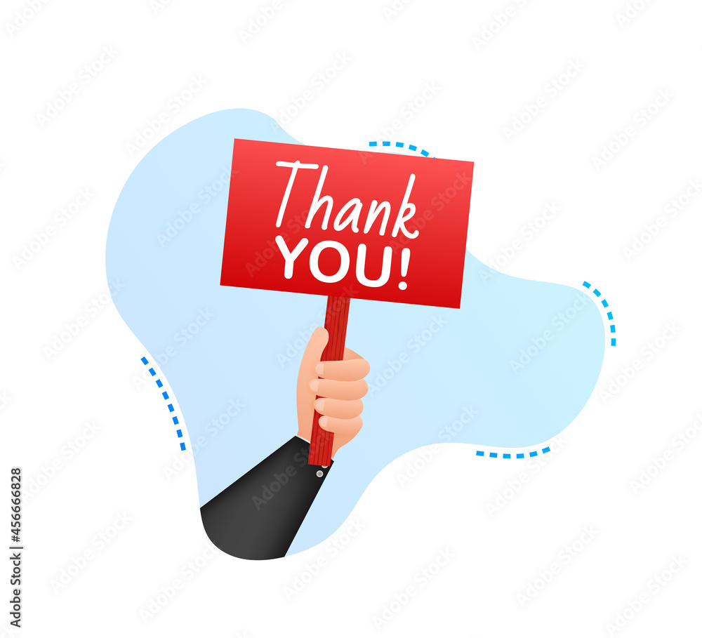 Thank you. Cartoon poster with hand holding placard for banner design ...