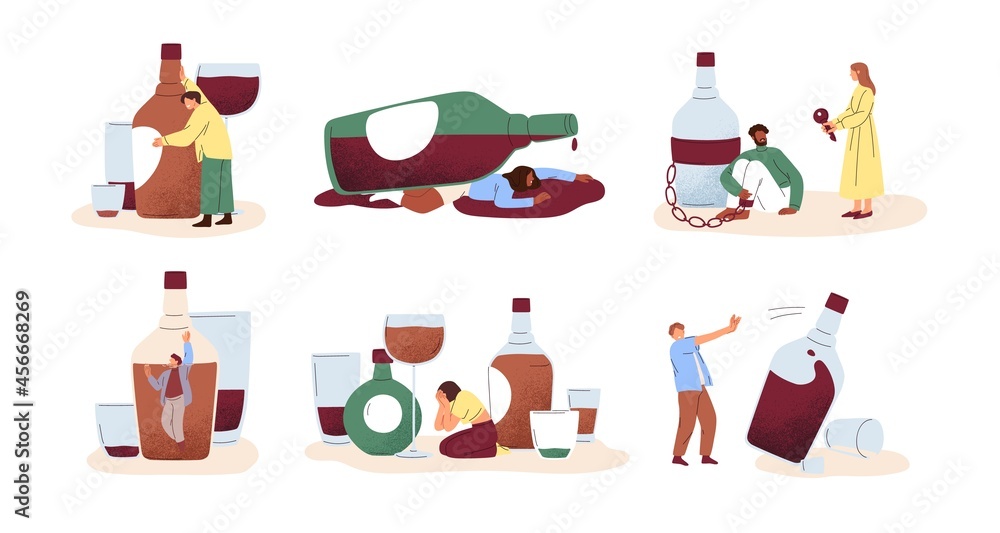 Alcohol abuse and addiction concept. Set of drunk people with bottles ...