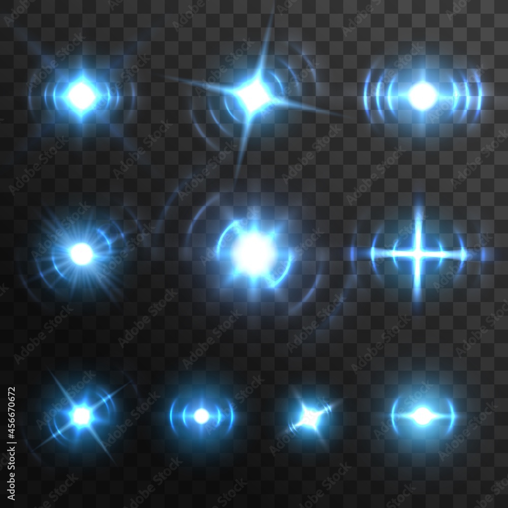 Blue light flares, fiery energy burst realistic effects, vector star ...