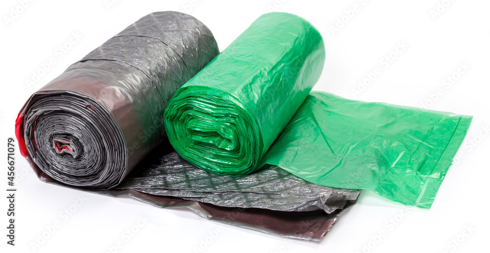 Rolls of plastic biodegradable garbage bags green and gray colors Stock ...
