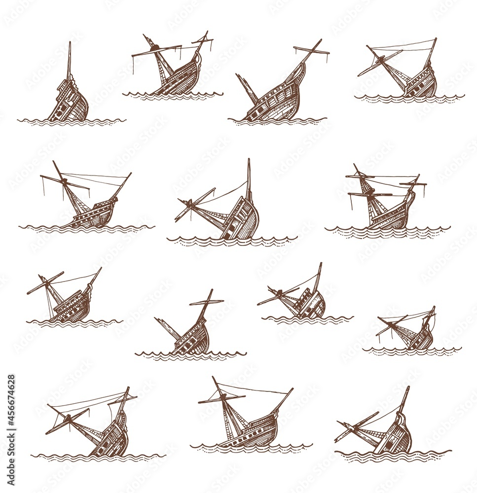 Sunken sailing ships and sailboats sketch, vector boat wrecks or ...