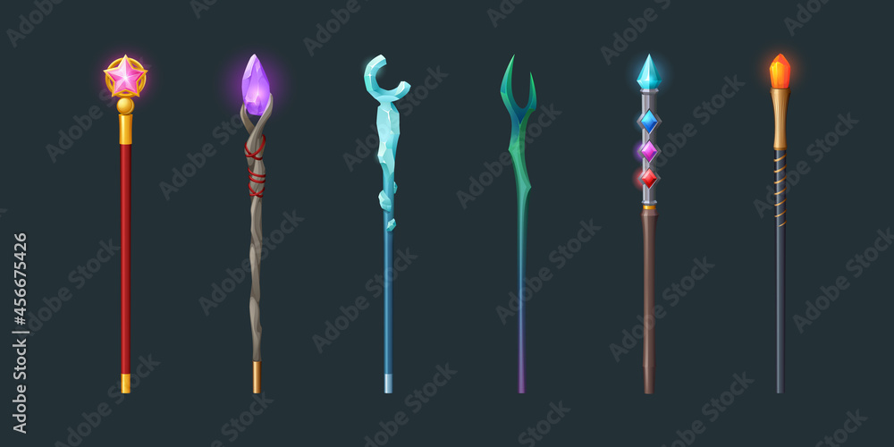 Vetor de Set of magic staff, walk sticks or wands with glow gems ...