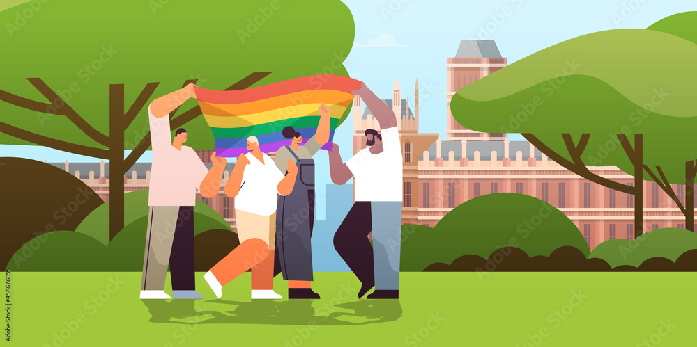 mix race people holding lgbt rainbow flags gay lesbian love parade ...