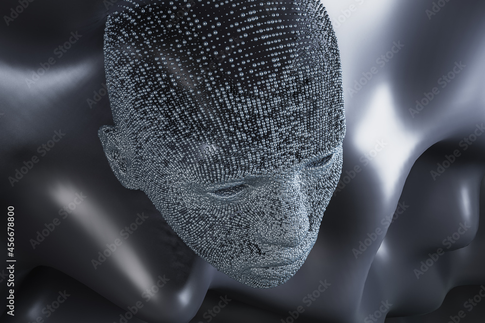 Close up of creative black human head on wavy background. Future ...