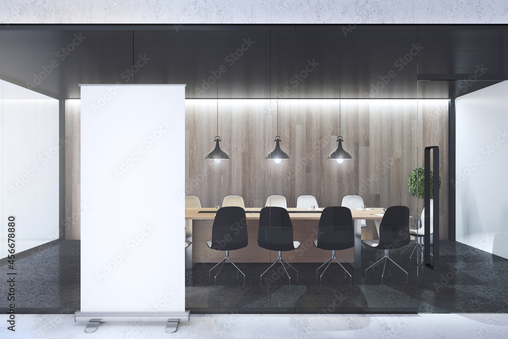 Modern concrete and wooden meeting room interior with empty white mock ...