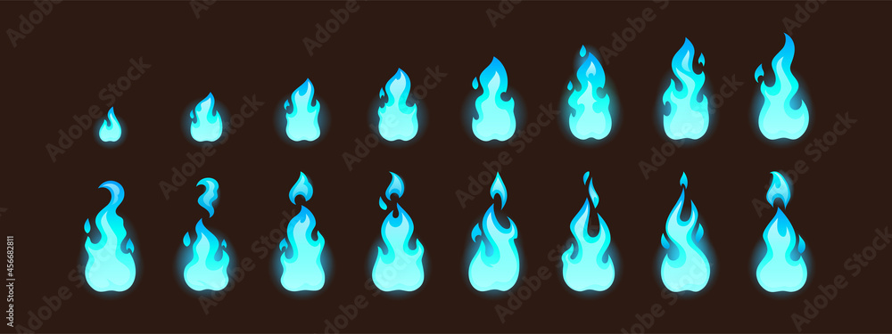 Burning blue fire for 2d animation or video game. Vector cartoon ...