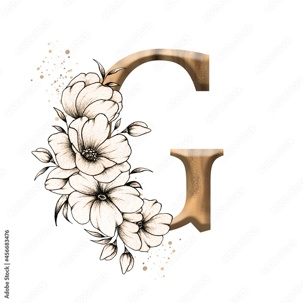 Graphic floral alphabet, gold letter G with vintage flowers bouquet ...