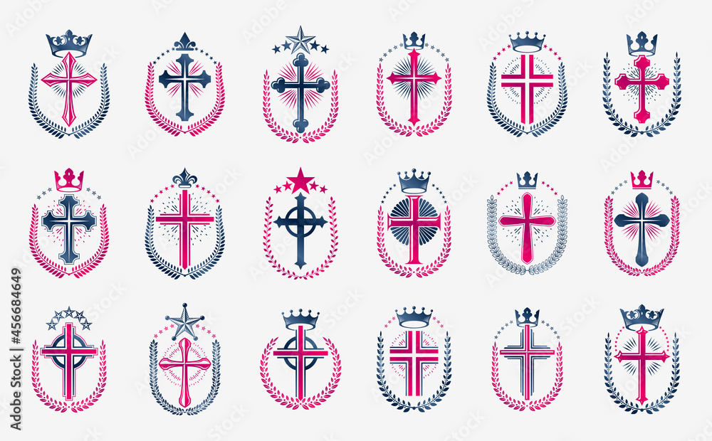Religion crosses logos big vector set, vintage heraldic Christian ...