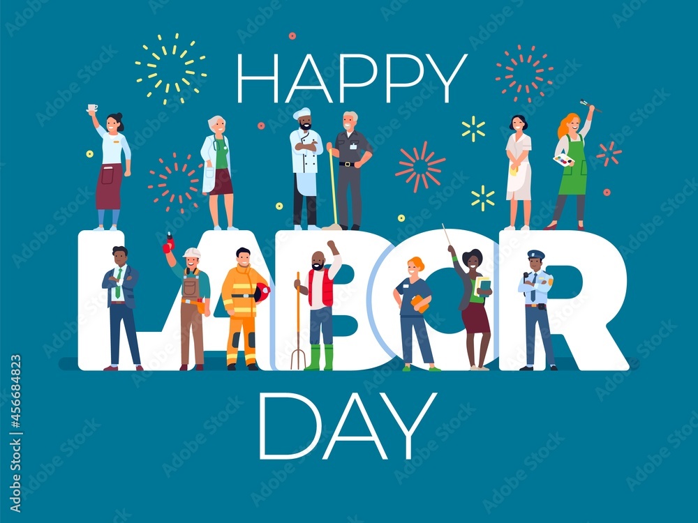 Labor day card with people. International work holiday, workers in ...