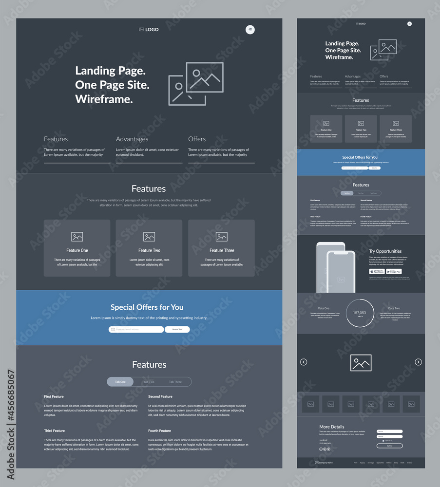 Website template design Dark landing page site wireframe. Stock Vector ...