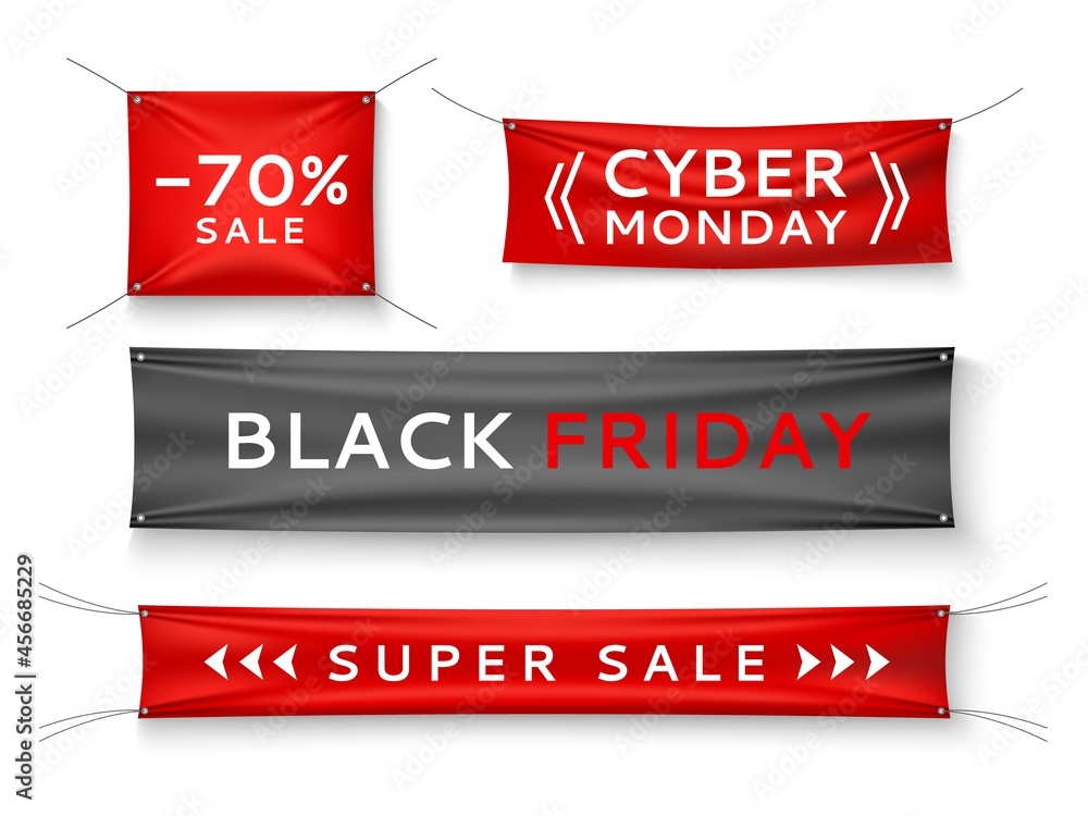 Fabric stretching banners. Realistic fabric signage with special offers ...