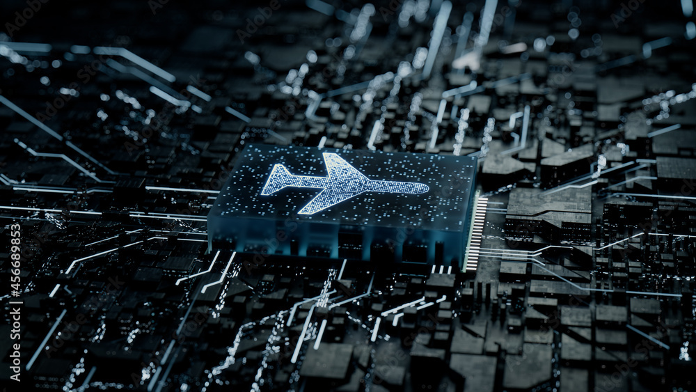 Flight Technology Concept with airplane symbol on a Microchip. Data ...