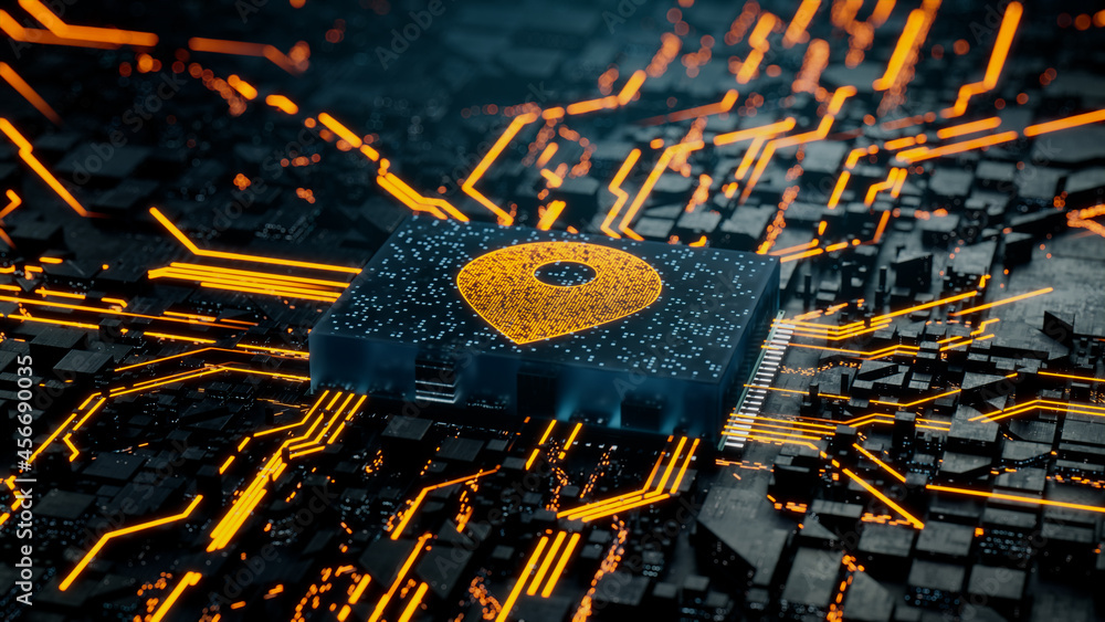 Location Technology Concept with map pin symbol on a Microchip. Data ...