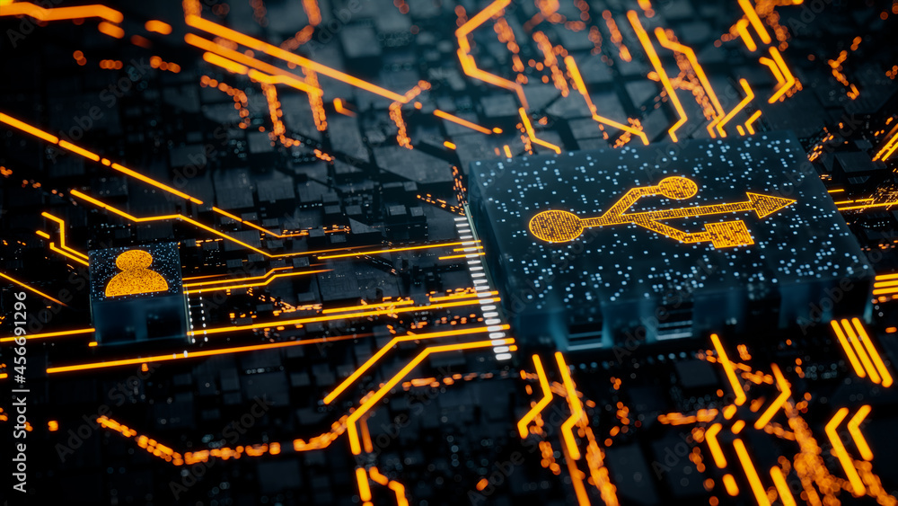 Interface Technology Concept with usb symbol on a Microchip. Orange ...