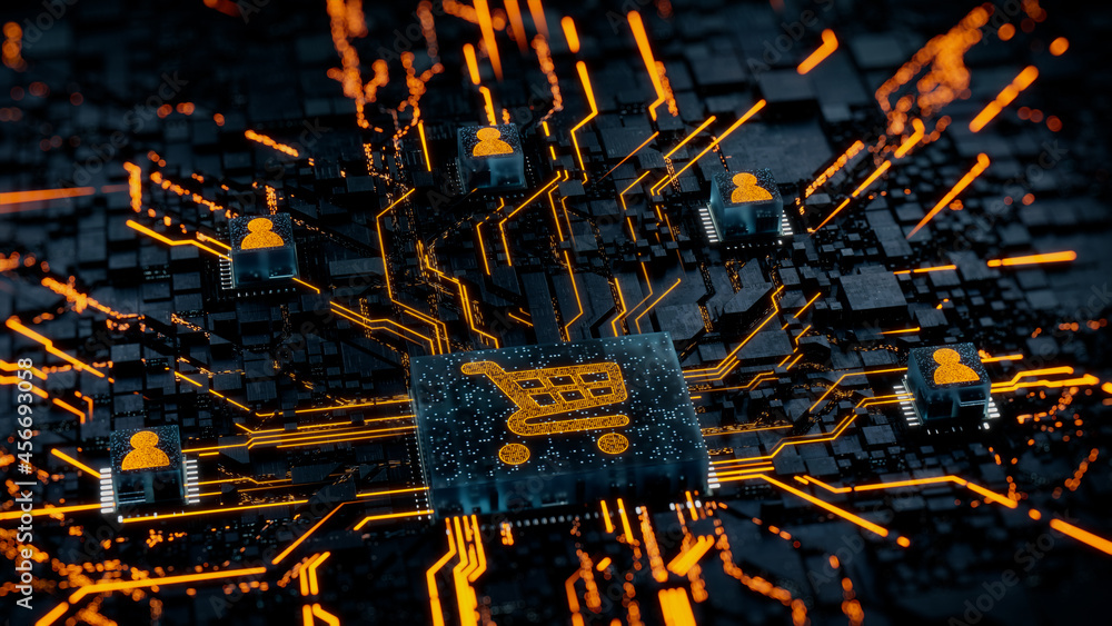 Ecommerce Technology Concept with shopping symbol on a Microchip ...