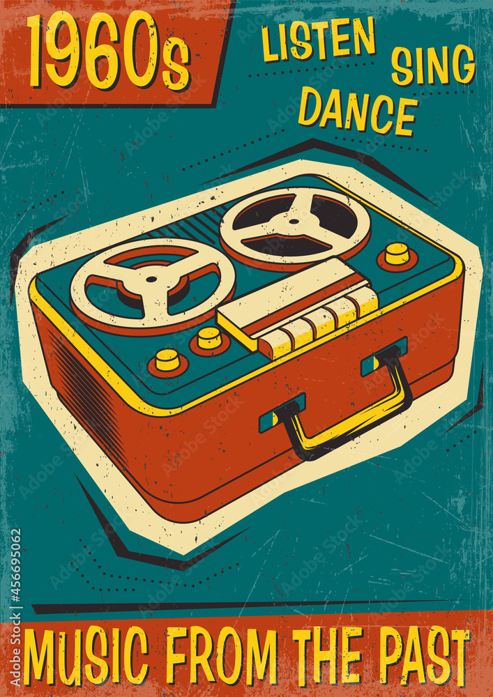 1960s Reel Tape Recorder, Retro Advertising Posters Stylization, Audio ...