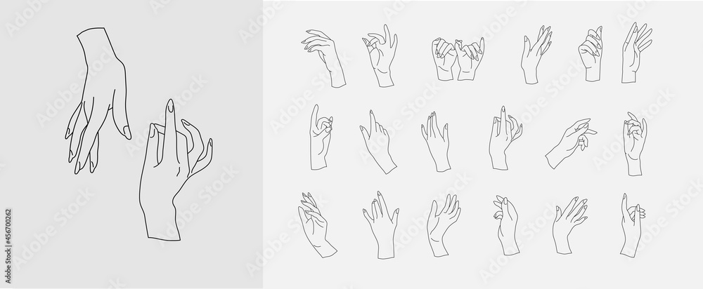 Set of vector female beauty hand. Editable outline stroke size. Line ...