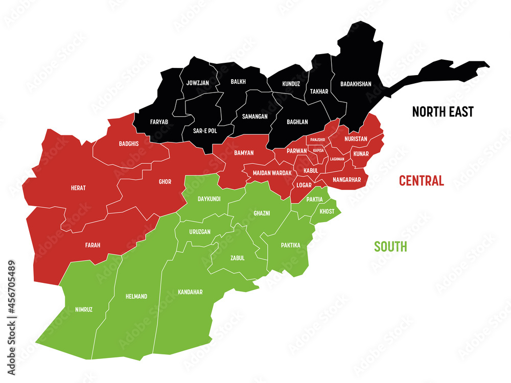 Political map of Afghanistan in national flag colors. Administrative ...