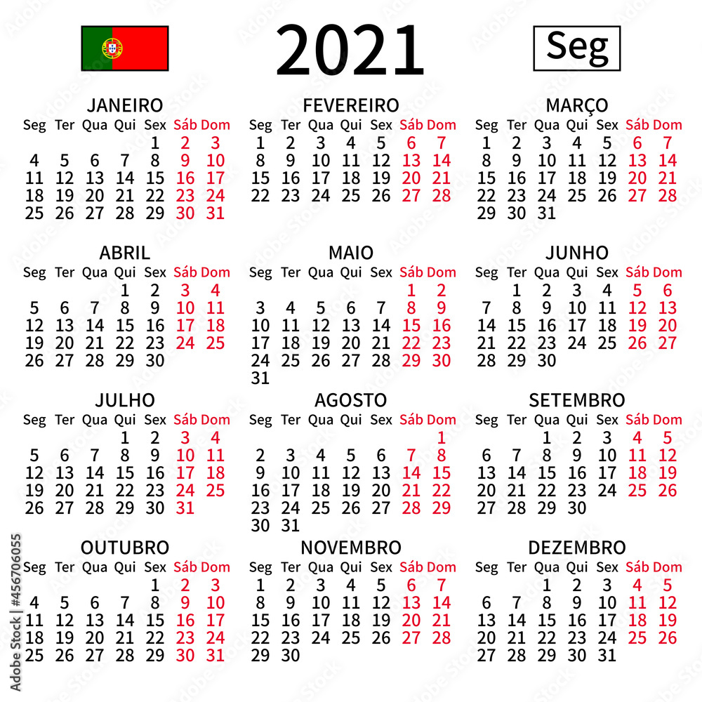 2021 year calendar. Simple, clear and big. Portuguese language. Week ...