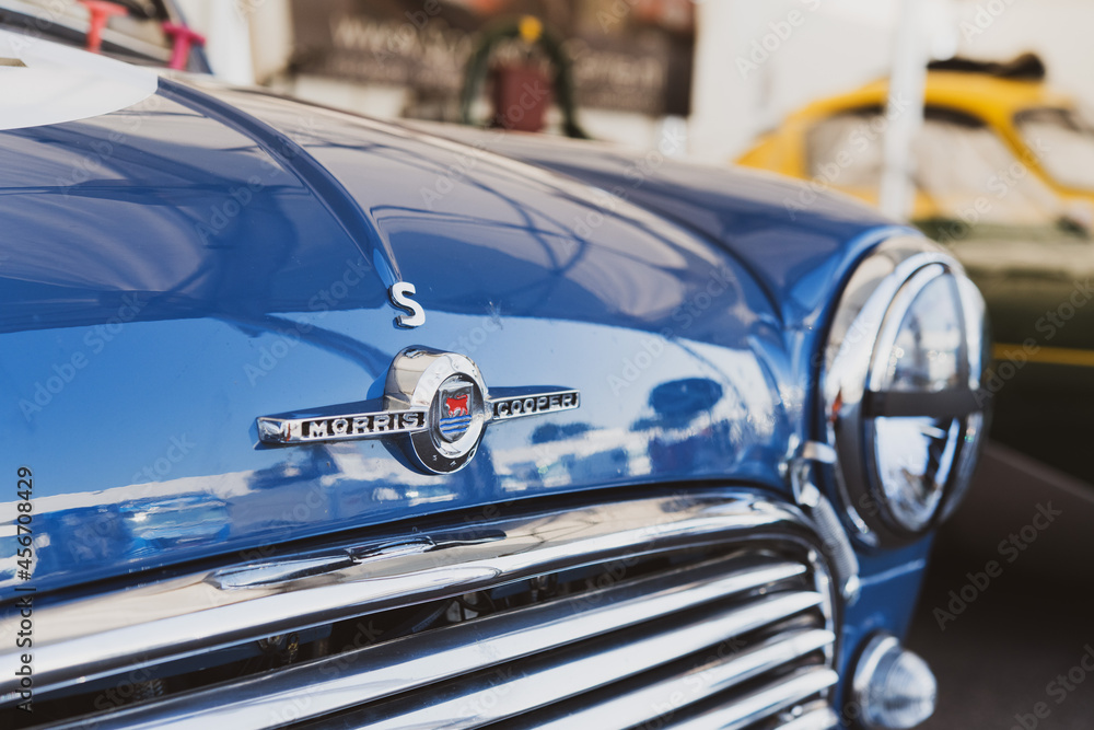 Austin Morris Mini Cooper vintage racing car logo and name detail Stock ...