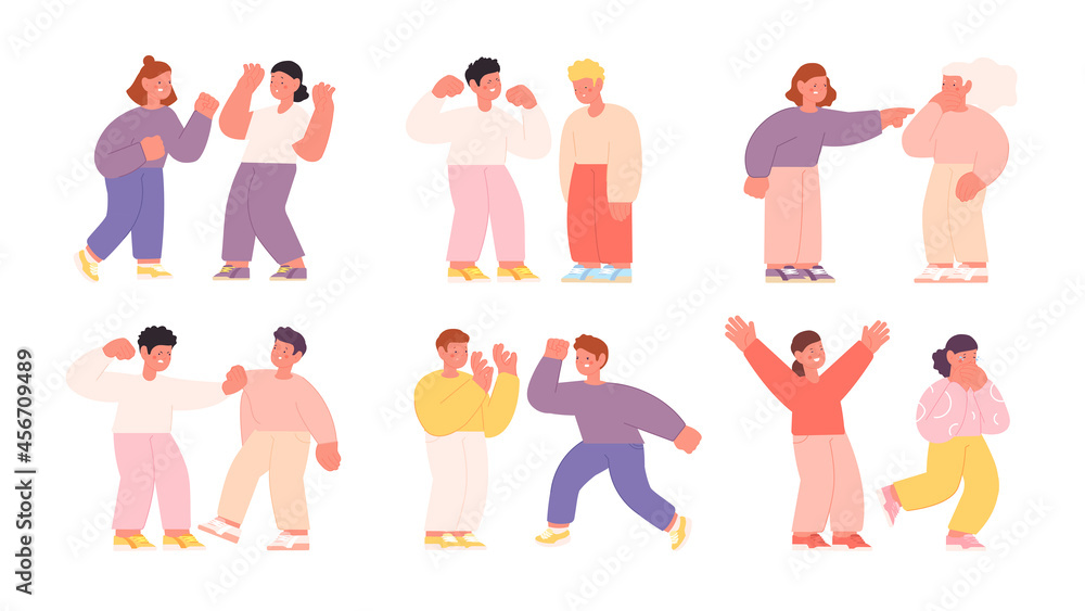 Bullying children. Scared and crying, school kids conflict. Aggressive ...