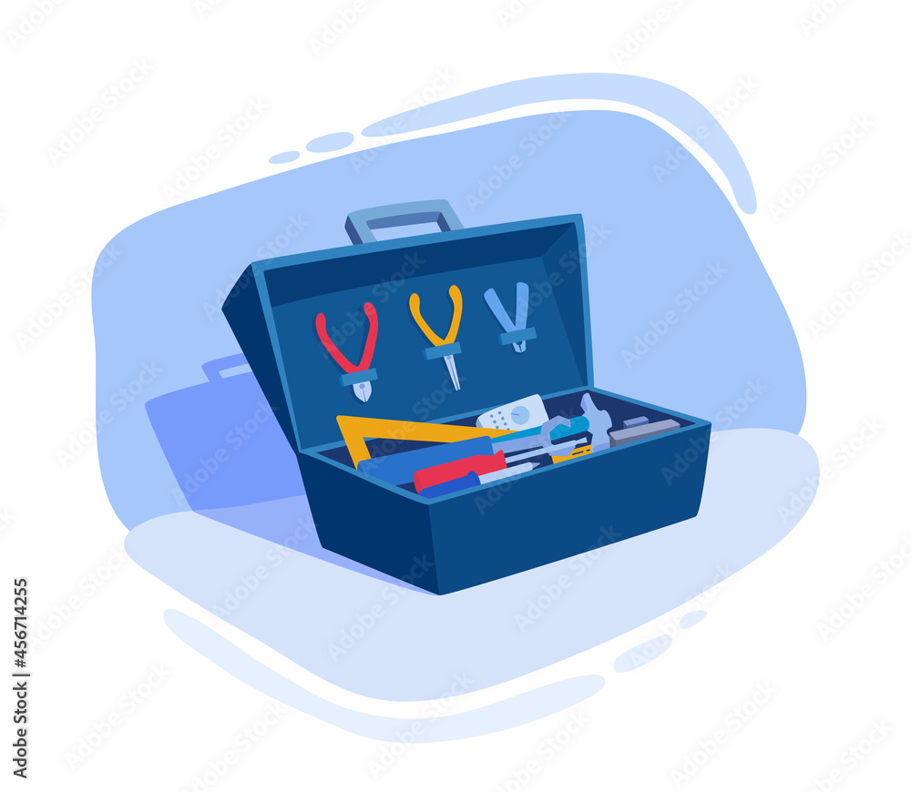 An opened toolbox with tools, working instruments. A toolkit box set ...