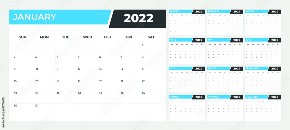 2022 Calendar - illustration. Template. Mock up Week starts Sunday ...
