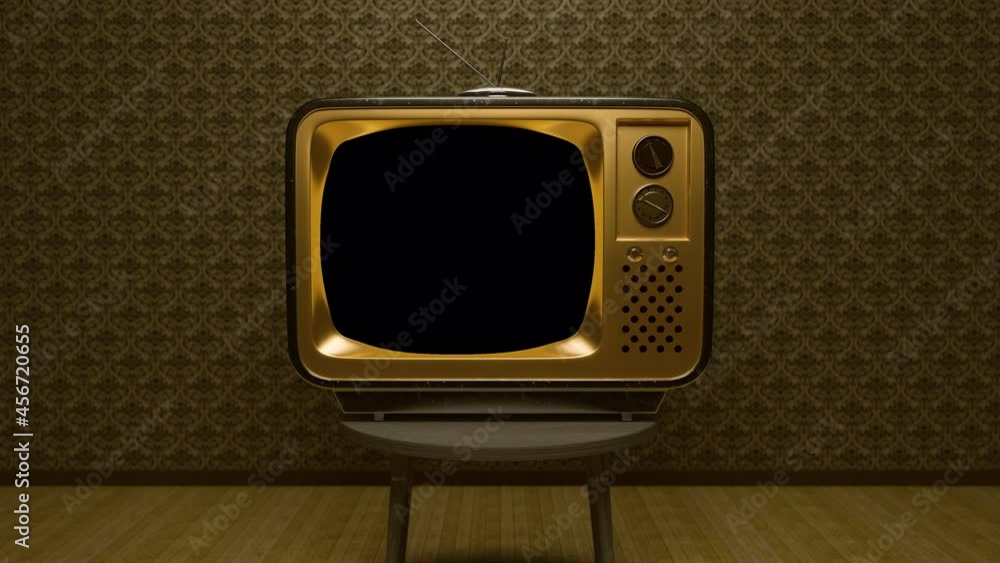 Vídeo do Stock: Golden Old TV turn ON and OFF Bad Signal and Noise with ...