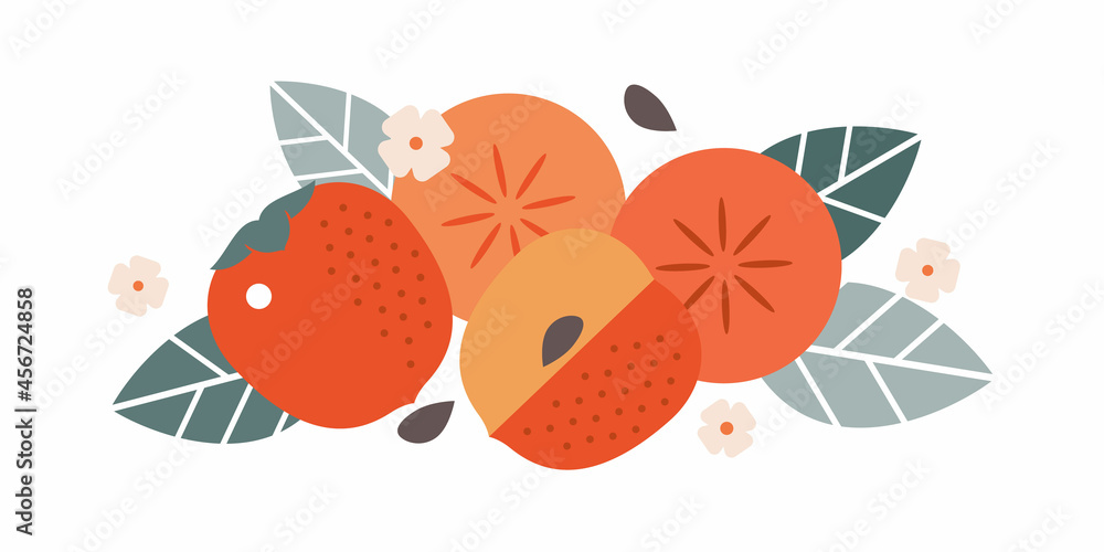 Persimmon fruits. Flat illustration. Whole and cut fruits, leaves ...