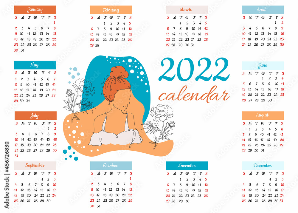 Continuous one line drawing of 2022 calendar template with abstract ...