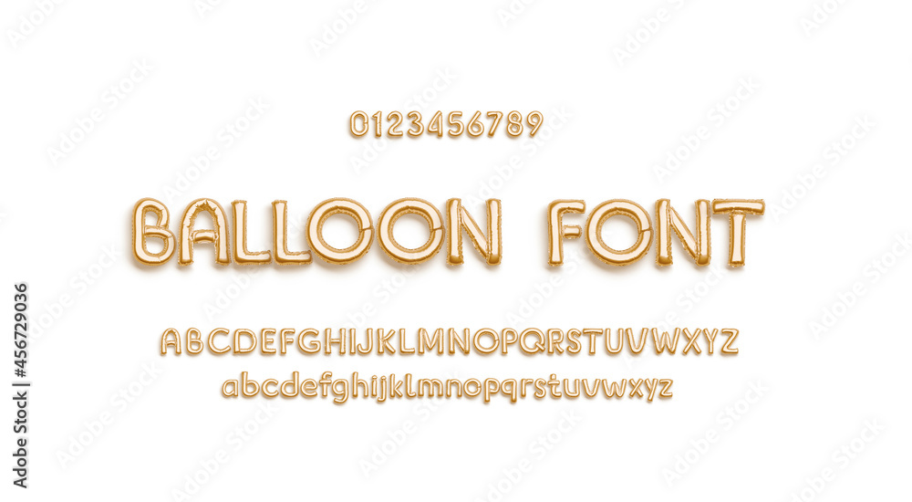 Inflated gold foil balloon font with alphabet and numbers, isolated ...