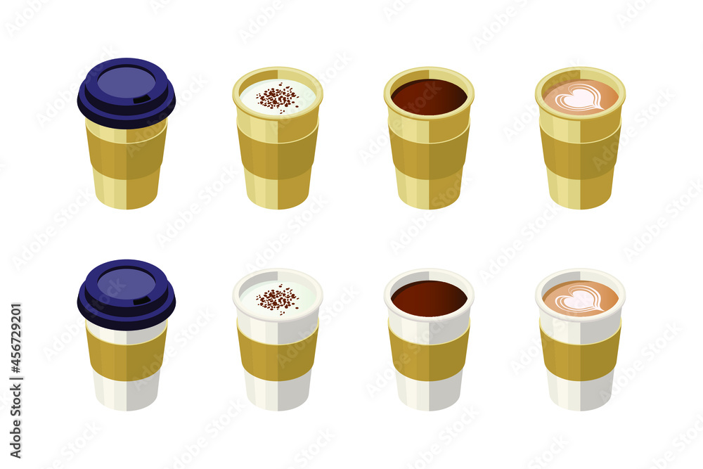 Vector Illustration of Isometric Cups with Different Types of Coffee ...