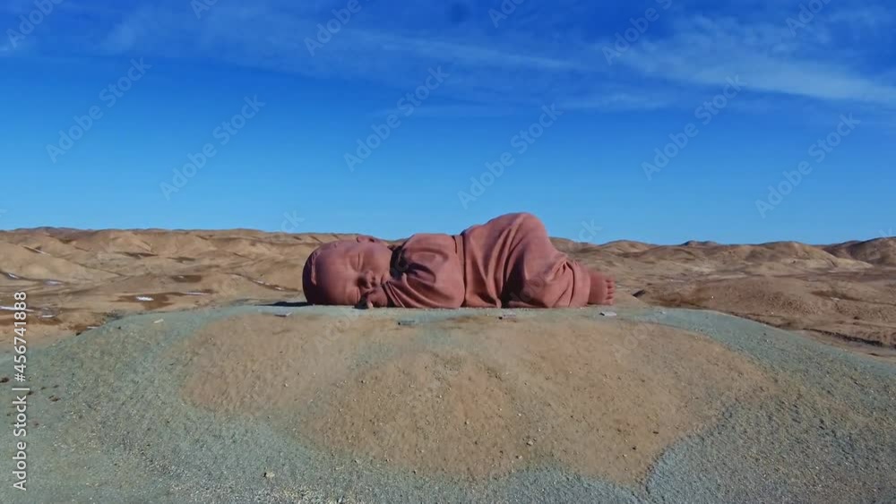 A giant 3D sleeping baby sculpture is on display on the Gobi Desert in ...