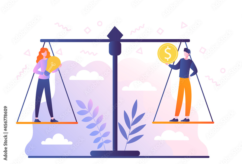 Balance between idea. Two people standing with coins on scales. Trying ...