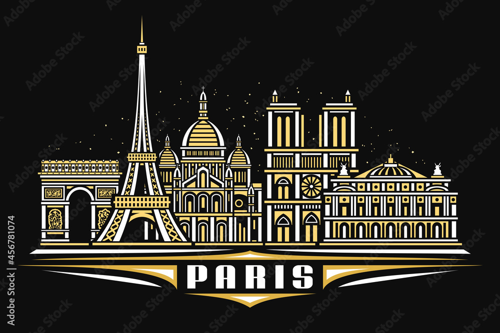 Vector illustration of Paris, black horizontal poster with linear ...