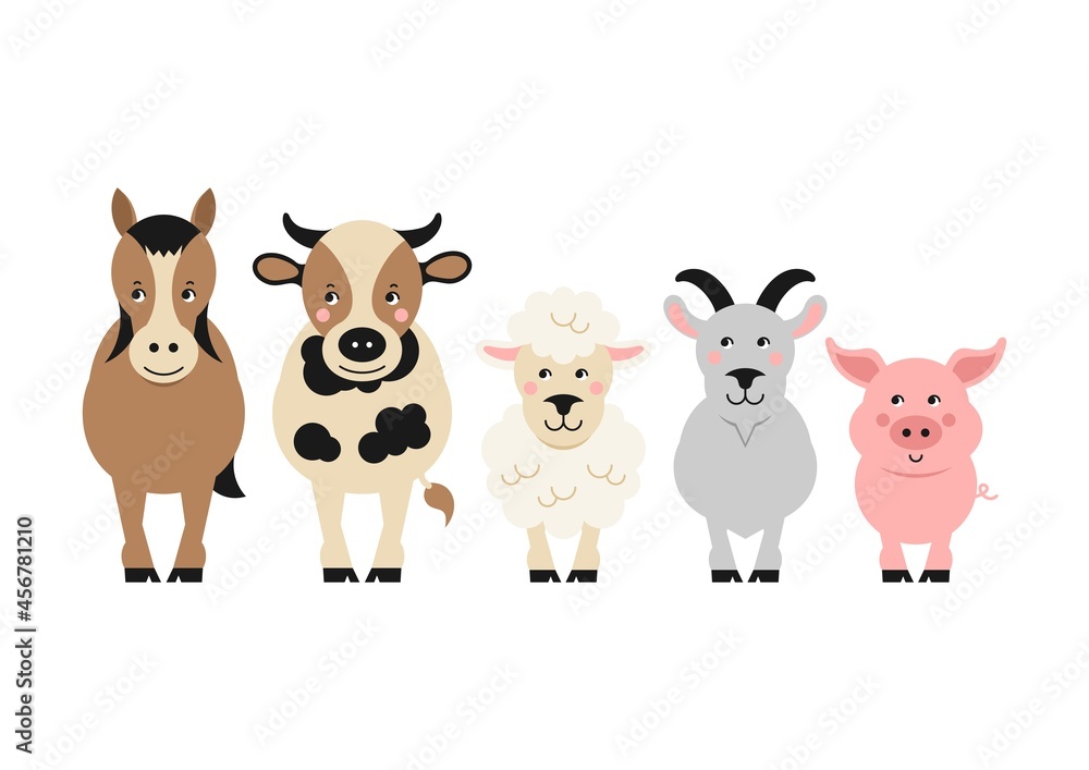 Cute farm animals. Cartoon pig, cow, horse, sheep, goat. Vector ...