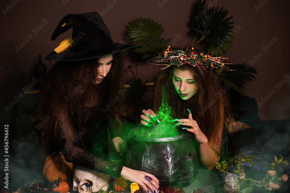 Two witches with disheveled hair brew a magic potion in a black ...