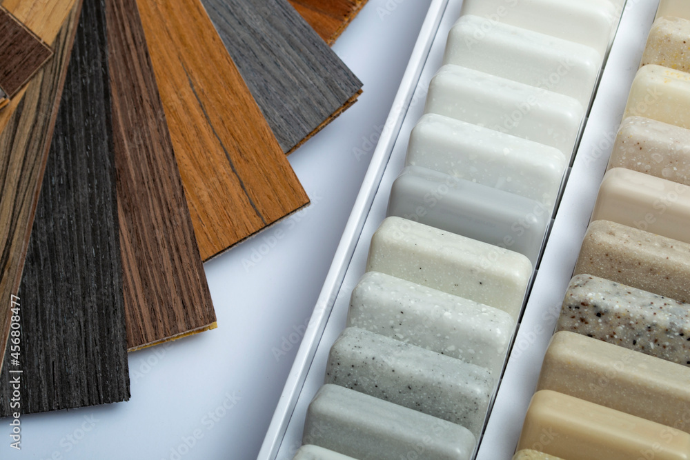 Samples of natural granite, marble, quartz stone, countertops and a ...