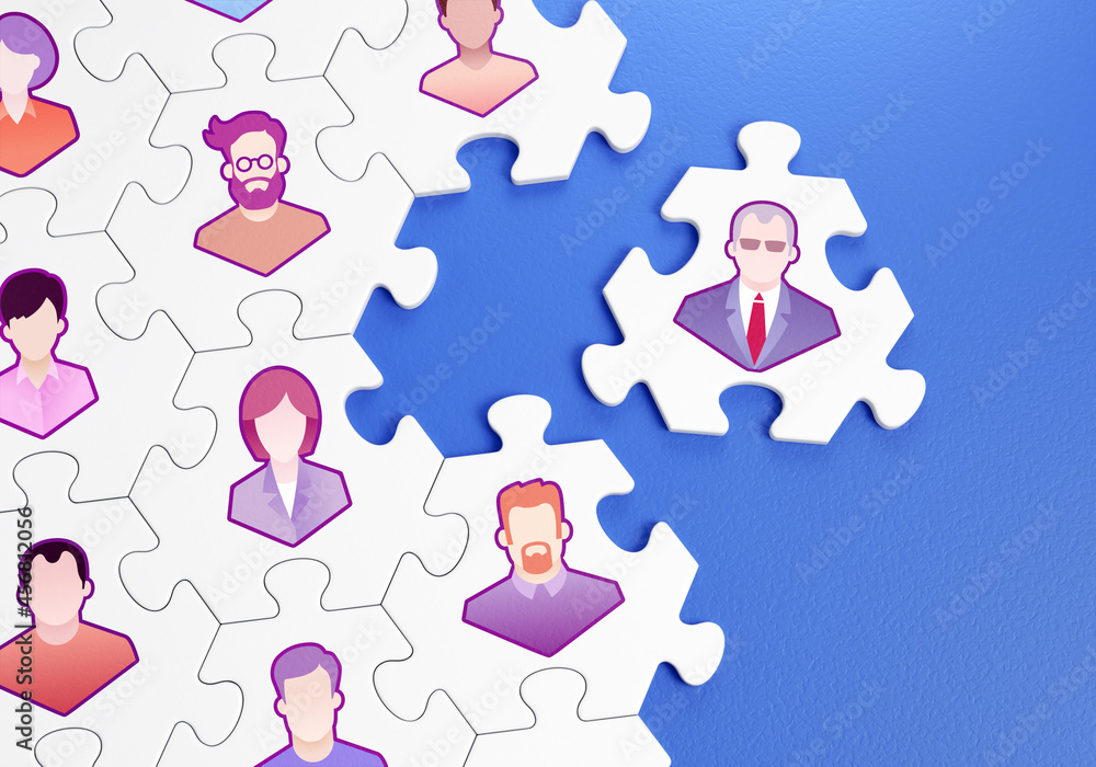 HR Management. Composed together hexagonal pieces of a jigsaw puzzle with pictured pictograms of ...