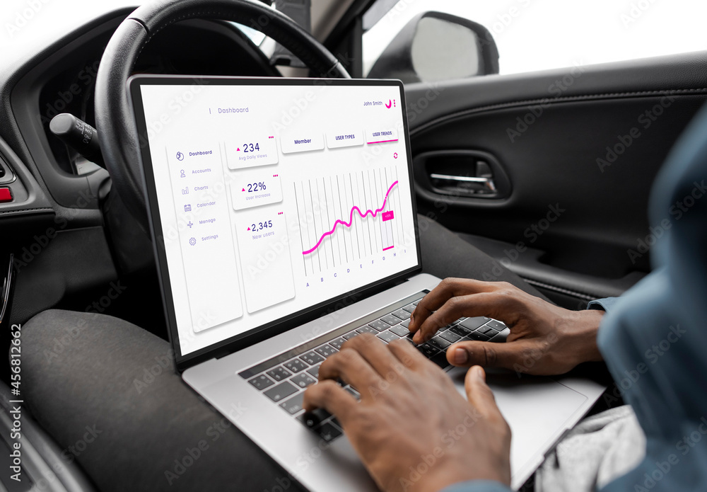 Mockup of Businessman Using Notebook Computer in a Car Stock Template ...