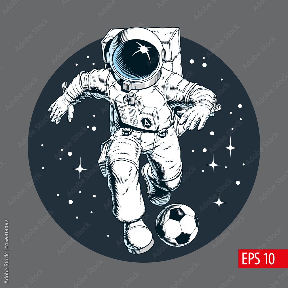 Astronaut playing football or soccer in outer space. Player dribbling a ...