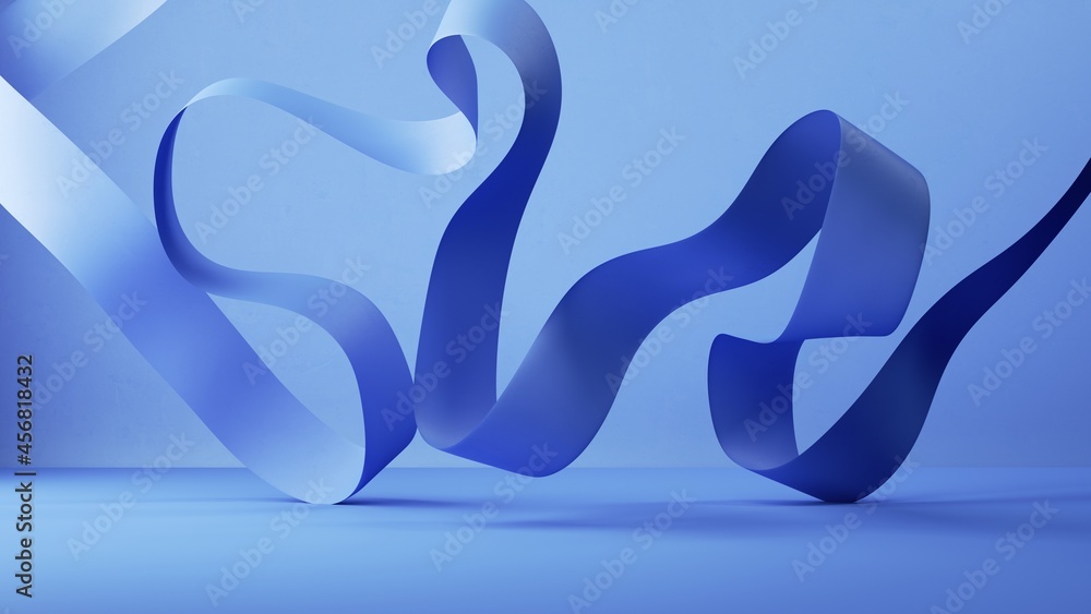 3d render, abstract blue fashion background with folded ribbon, paper ...