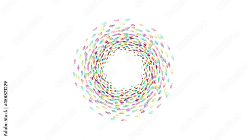 Swirl of colorful fish underwater, fish school rotating cartoon 2d ...