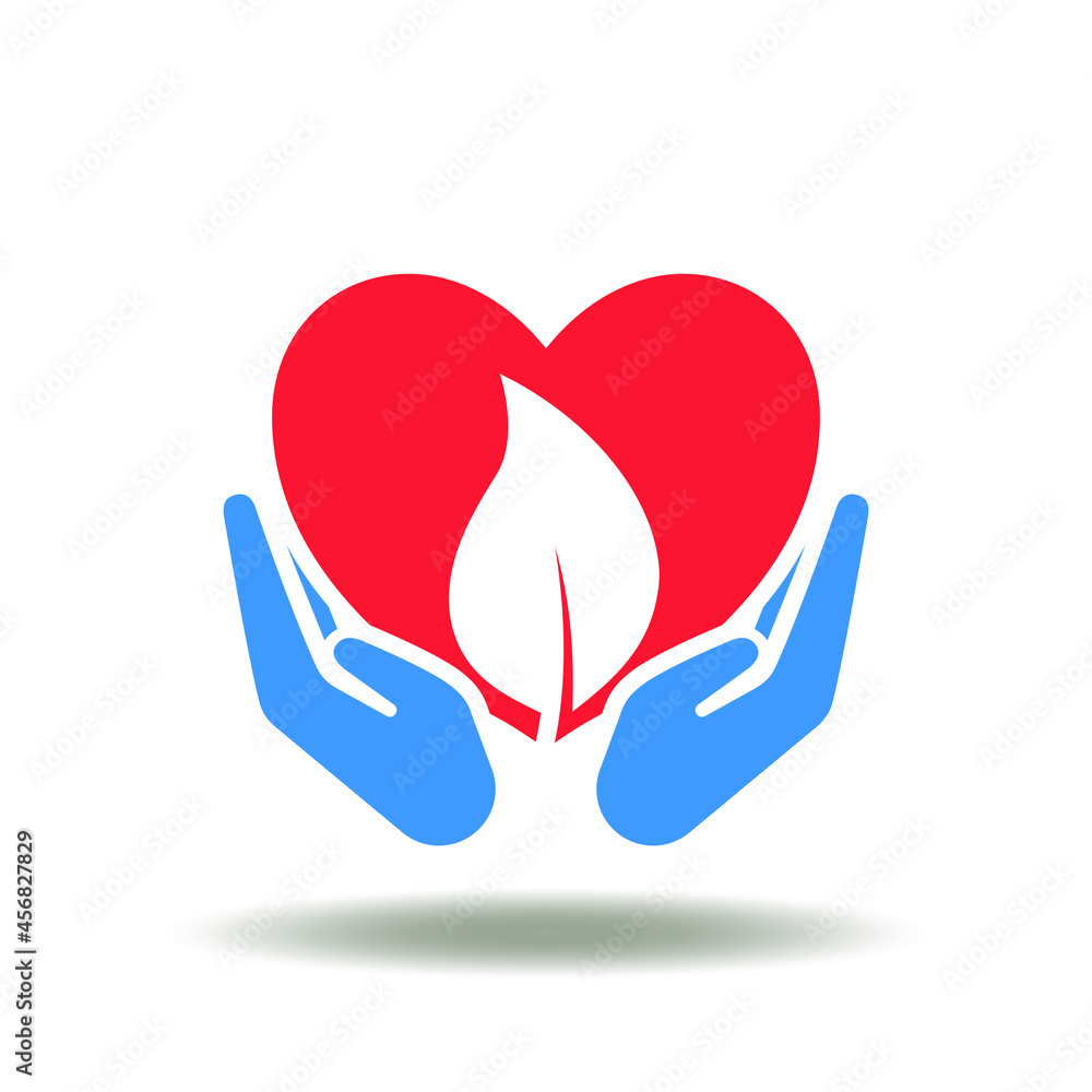 Vector illustration a caring hands with heart and leaf. ESG Environment ...