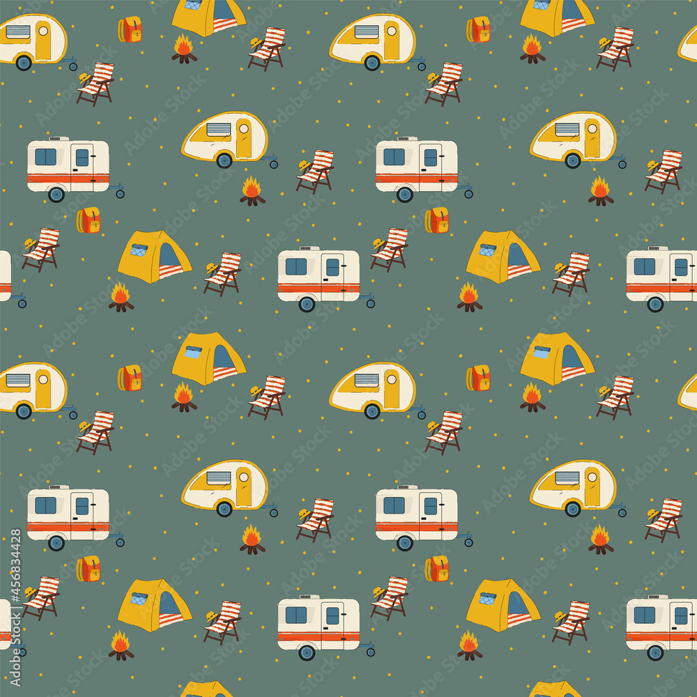 Camper RV pattern on wheels. Cartoon background with a road trailer for ...