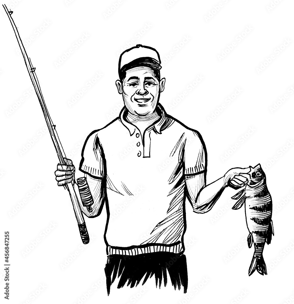 Ink black and white drawing of a man with a caught fish Stock ...