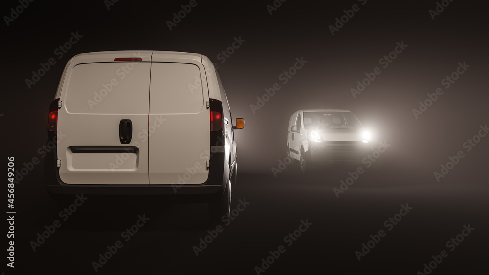 Rear View of a Mini Van with the Front View of Another in the Dark 3D ...