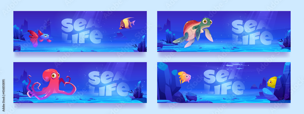 Sea life posters with funny fish, octopus and turtle characters under ...